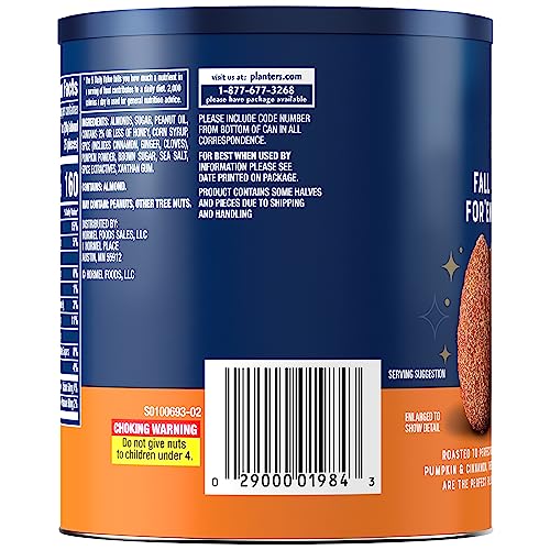 PLANTERS Fall Edition Pumpkin Spice Almonds, Pumpkin Spice Snacks, Cooking & Baking Nuts & Seeds, Flavored Almonds, Seasonal Nuts, Fall Party Snacks, Plant-Based Protein, 15.25 oz Canister