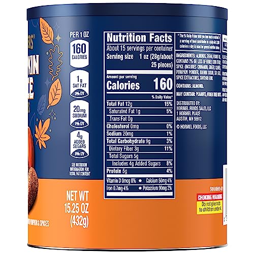 PLANTERS Fall Edition Pumpkin Spice Almonds, Pumpkin Spice Snacks, Cooking & Baking Nuts & Seeds, Flavored Almonds, Seasonal Nuts, Fall Party Snacks, Plant-Based Protein, 15.25 oz Canister