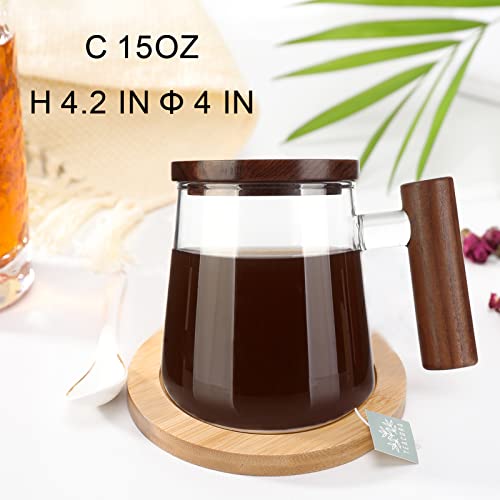 COMI Glass Coffee Mugs, Clear Coffee Mugs with Walnut Lid&Handle,Wide Mouth Extra Large Capacity Cup, Perfect for Latte, Mocha, Cappuccino, Tea and Juice, Microwave Safe(15oz/450ml)