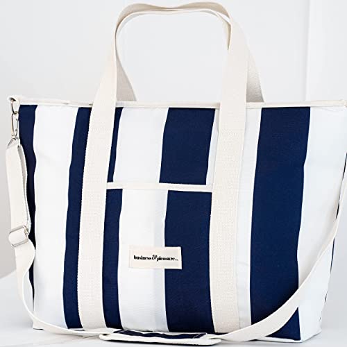 Business & Pleasure Co. Holiday Cooler Tote Bag - Cute Vintage Beach Tote Bag - Totes Drinks or Beach Essentials - Leakproof Lining - Navy Crew Stripe, 42L