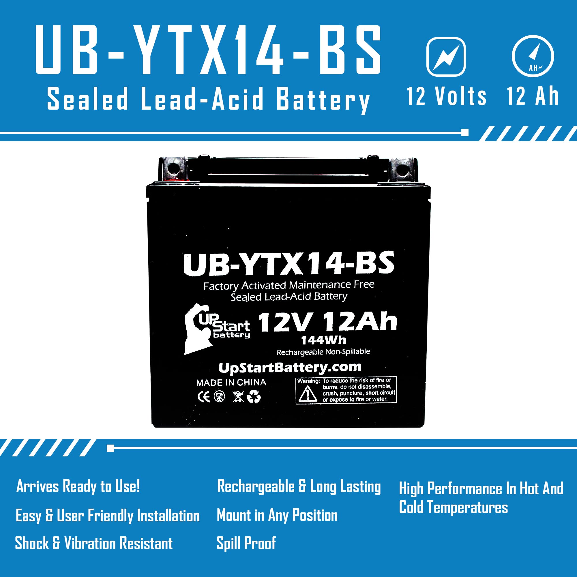 Replacement for 1999 Honda GL1500 Valkyrie 1500 CC Factory Activated, Maintenance Free, Motorcycle Battery - 12V, 12AH, UB-YTX14-BS