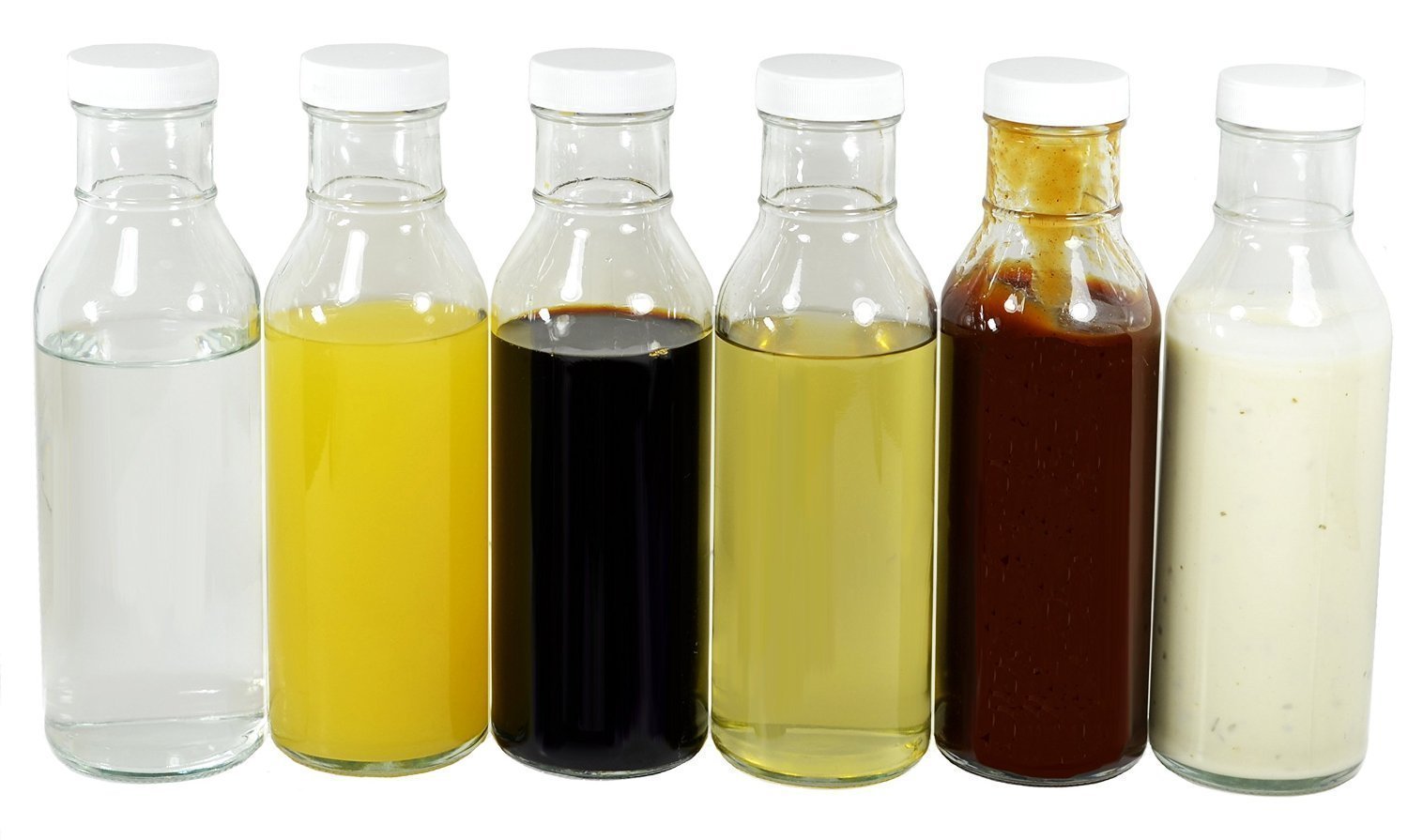 nicebottles Clear Glass Beverage/Sauce Bottles, 12 Oz, White Caps - Case of 12