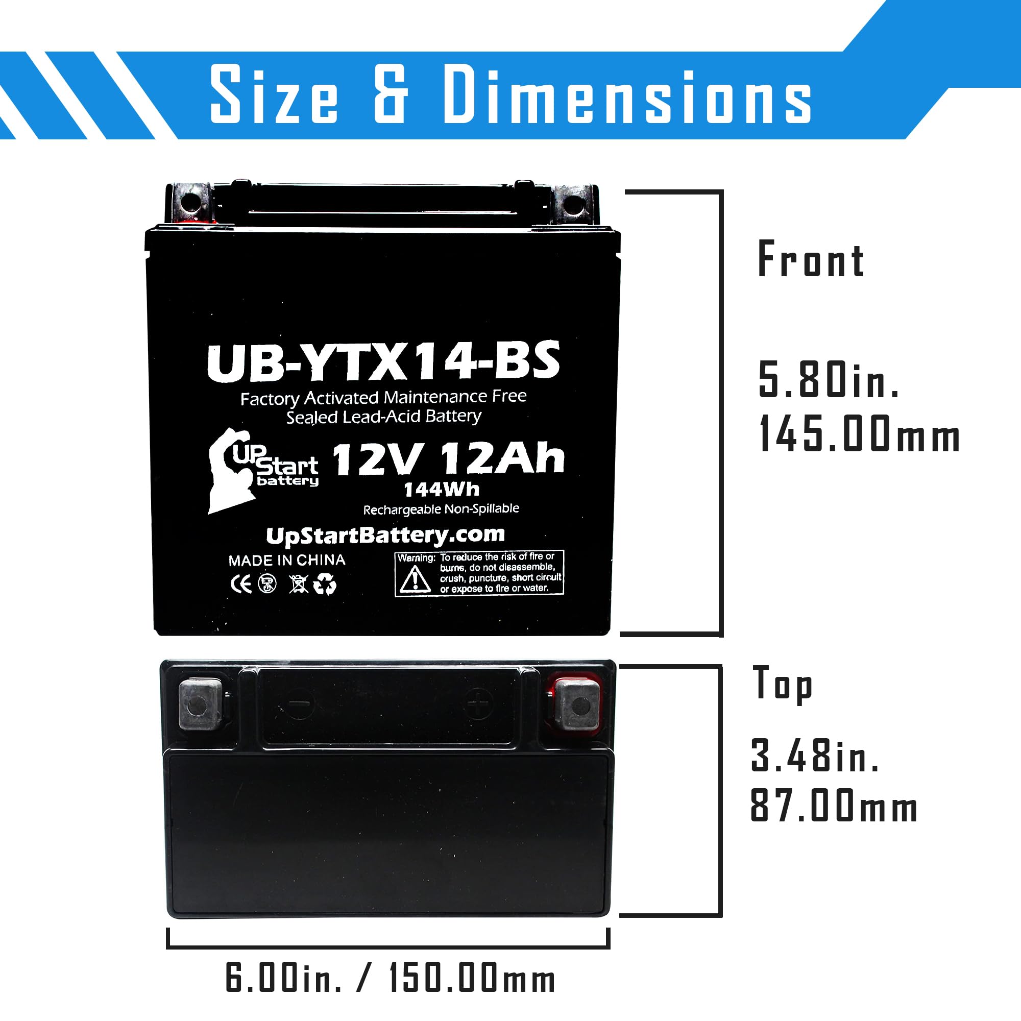 Replacement for 1999 Honda GL1500 Valkyrie 1500 CC Factory Activated, Maintenance Free, Motorcycle Battery - 12V, 12AH, UB-YTX14-BS