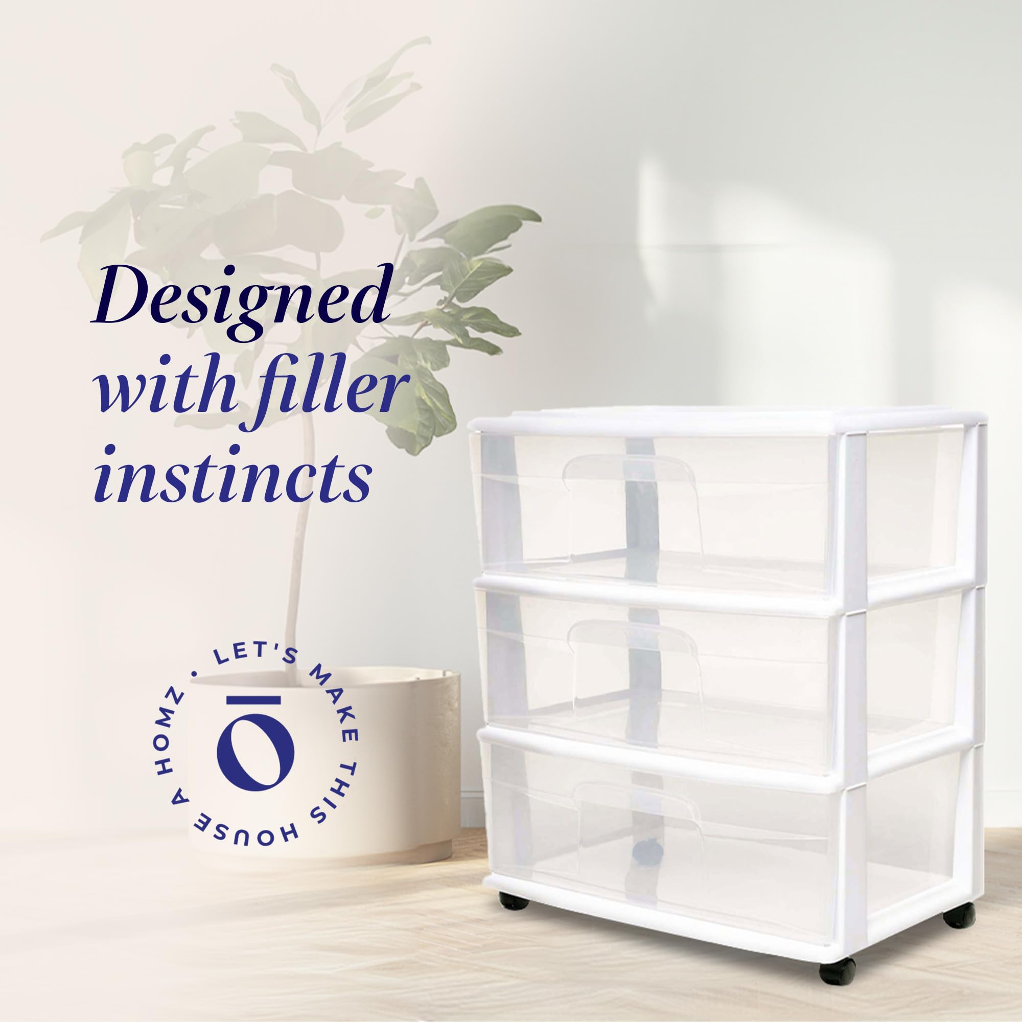 HOMZ Drawer Tower, 3-Tier Wide Clear Plastic Storage Organizer Cart, White Frame