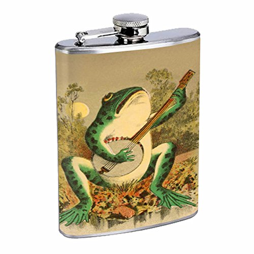 Vintage Retro Frog Playing Guitar Flask S1 Stainless Steel 8oz Hip Silver Alcohol Whiskey Drinking Brandy Rum