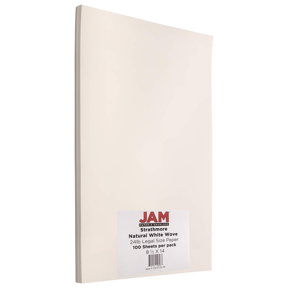 JAM PAPER Legal Strathmore 24lb Paper - 90 gsm - 8.5 x 14 - Nautral White Wove - 100 Sheets/Ream