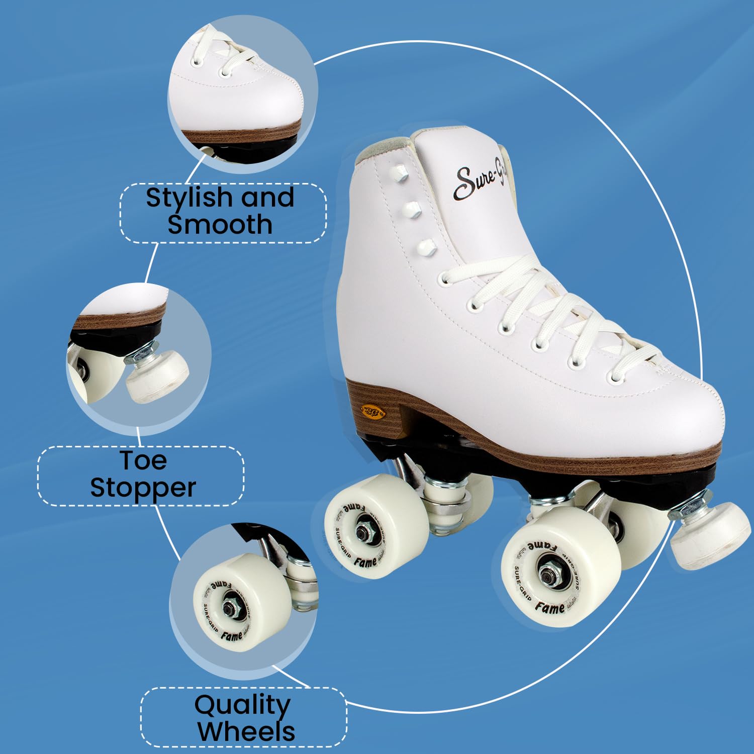 Sure-Grip White Fame Roller Skates for Women - Made of Nylon & Aluminum - 57mm Polyurethane Indoor Wheels for Skating - Super X Trucks Extended Support for Larger Sizes - Suitable for Beginners