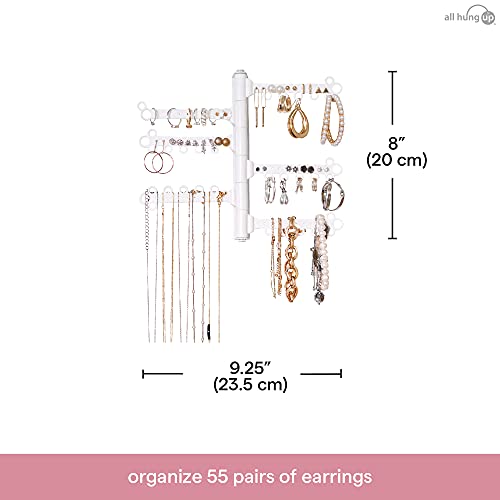 All Hung Up 6-Tier 8" Wall Jewelry Organizer : Command Strips included for easy hanging : 60 Earring Organizer Holes : Necklace Organizer : Bracelet Holder : Ring Holder : Rotating Branches (White)