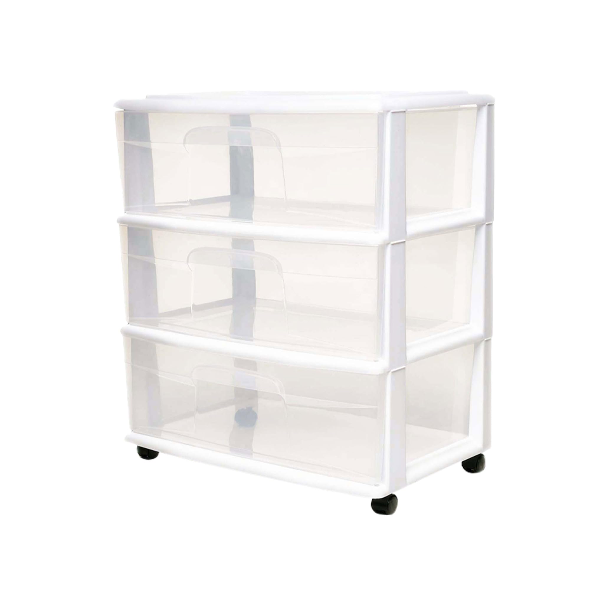 HOMZ Drawer Tower, 3-Tier Wide Clear Plastic Storage Organizer Cart, White Frame