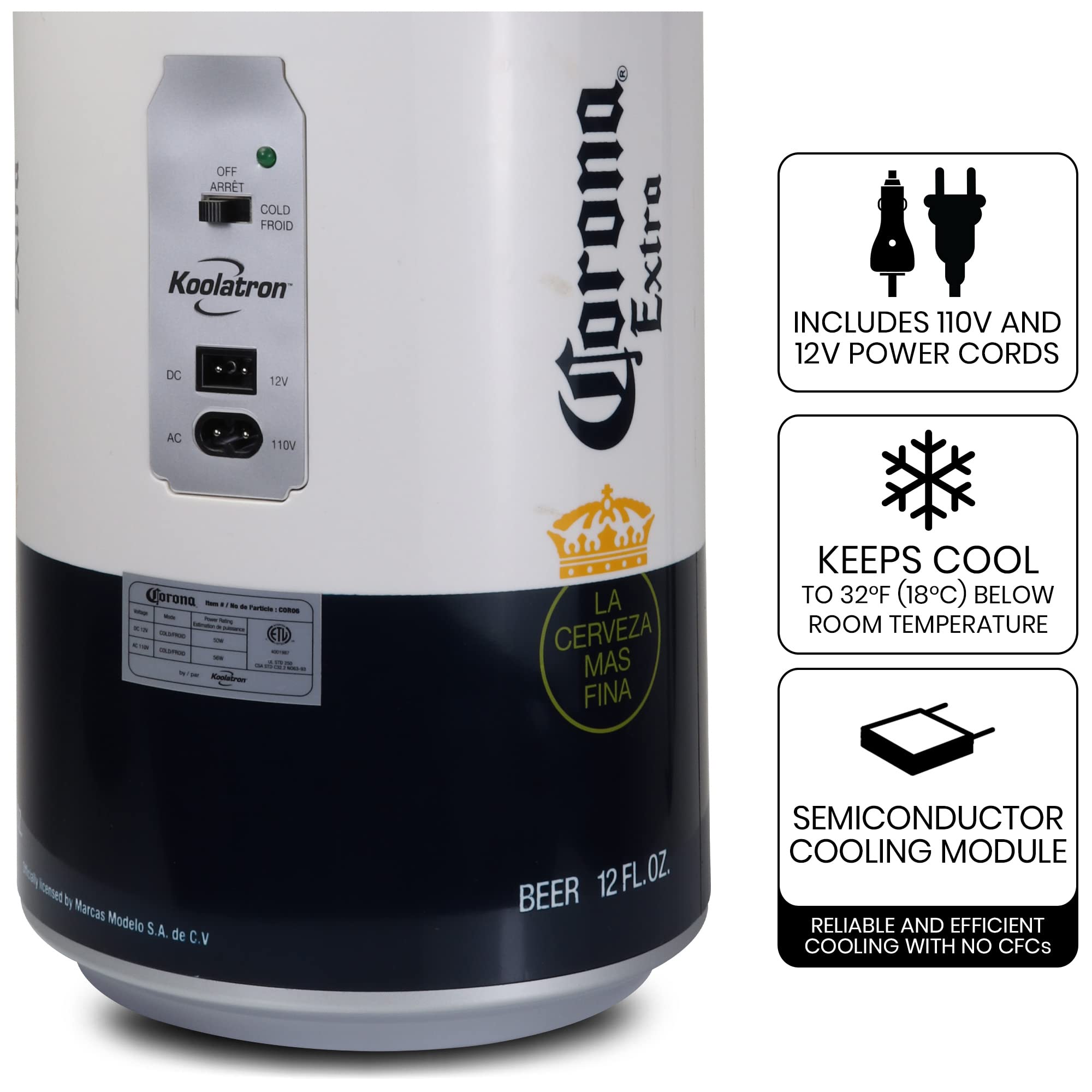 Koolatron Corona 12 Can Portable Mini Fridge w/ 12V DC and 110V AC Cords, 10L (10.6 qt) Beer-Can Shaped Personal Cooler, White, Travel Fridge for Drinks, Snacks, Lunch, Home, Office, Dorm Room, RV