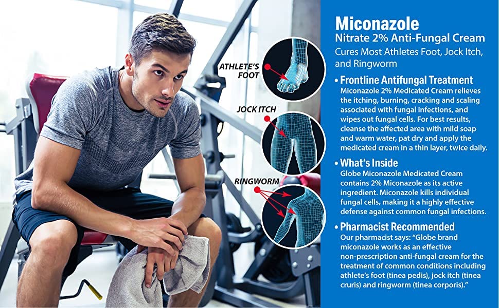 Globe Miconazole Nitrate 2% Antifungal Cream 1 oz, Cures Most Athletes Foot, Jock Itch, Ringworm and More. Compare to the Leading Name Brand