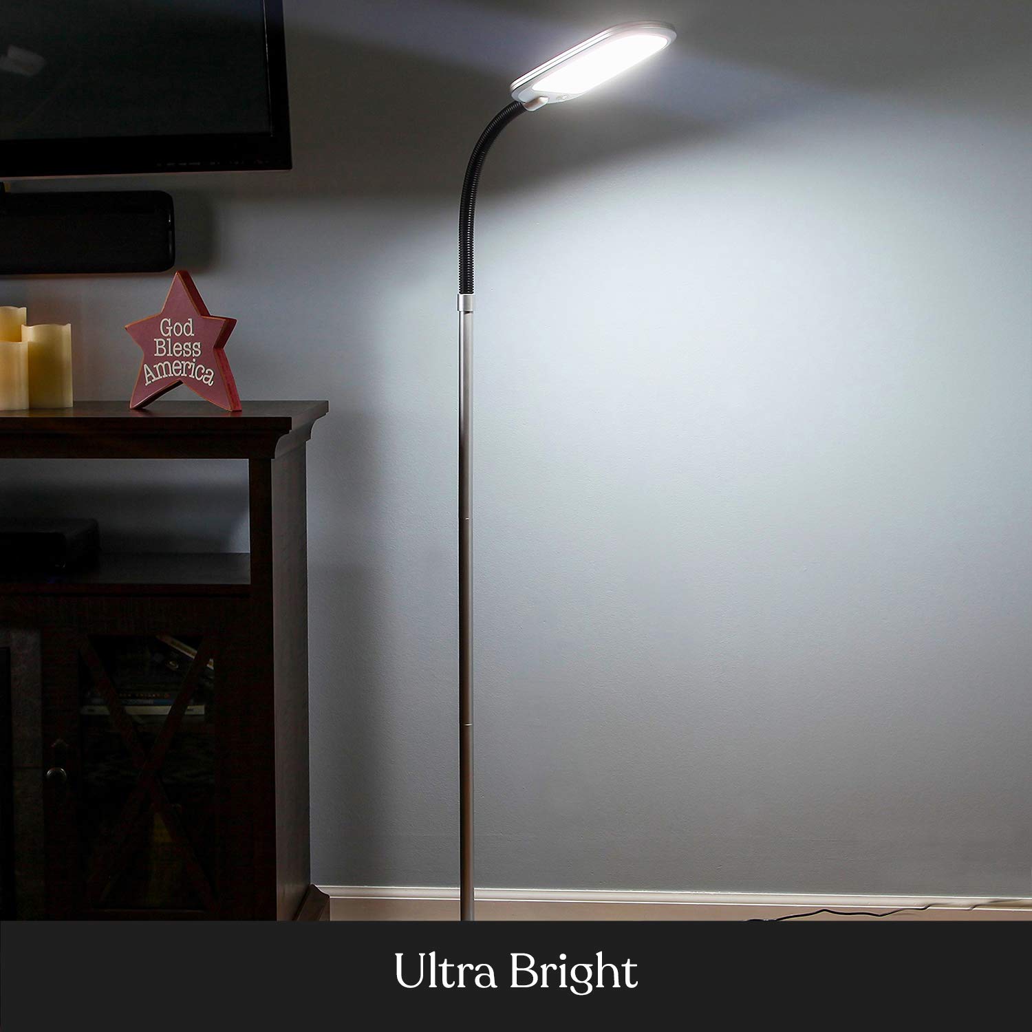 Brightech Litespan Slim LED Lamp, Modern Floor Reading Lamp Over Chair for Living Rooms & Offices, Tall Lamp with Adjustable Gooseneck, Crafts Work Light, Dimmable Standing Lamp for Bedroom - Silver
