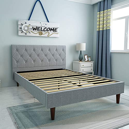 Yegee Upholstered Platform Bed Frame Wood Slat Support No Box Spring Needed Deep Button Tufting Headboard Solid Wood Foot (Grey, Queen)