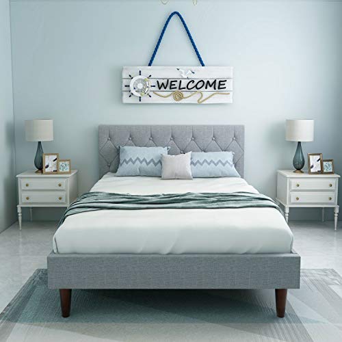 Yegee Upholstered Platform Bed Frame Wood Slat Support No Box Spring Needed Deep Button Tufting Headboard Solid Wood Foot (Grey, Queen)