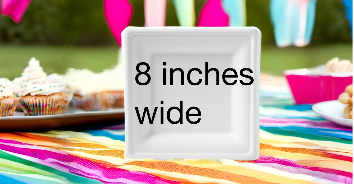 Susty Party 8-Inch Compostable Square Plates (50 Plates), Sugarcane Heavy Duty Disposable Biodegradable Plate, White