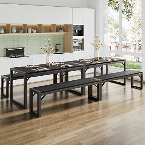 SHA CERLIN 3-Piece Dining Table Set with 2 Benches, Rustic Kitchen Table Set for 4-6, Space-Saving Dinette, Sturdy Structure, Easy Assemble, Black/Grey