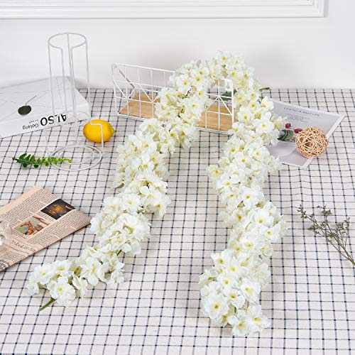 Artflower 2 Pack Artificial Cherry Blossom Garland Hanging Vine Silk Garland Silk Artificial Flower Faux Sakura Garland for Wedding Garden Arch Wall Home Party Decor(White)