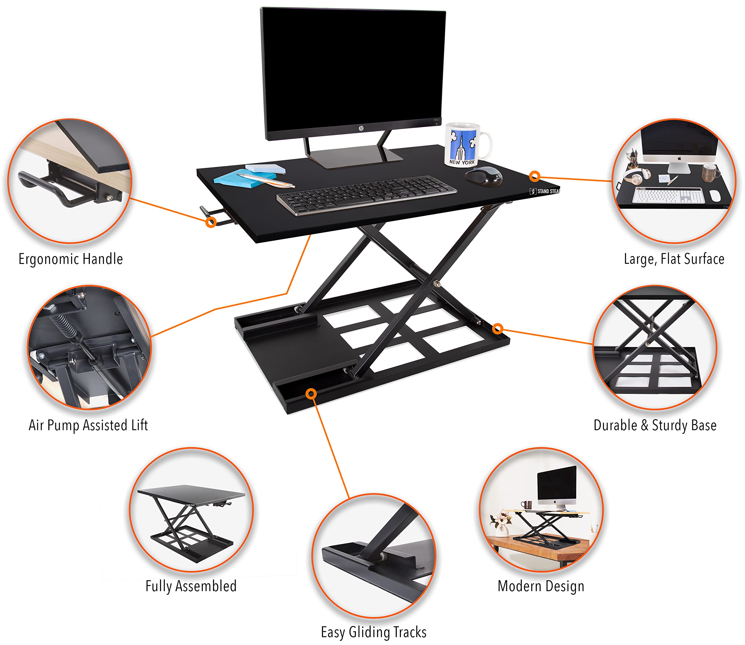 Stand Steady X-Elite Pro, Ergonomic Adjustable Height Standing Desk Converter for Home or Office, Easy Lift Sit to Stand Laptop Desk Riser for Laptop and Computer Monitor (Black, 28in x 20in)