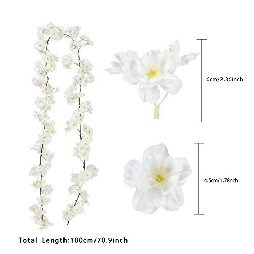 Artflower 2 Pack Artificial Cherry Blossom Garland Hanging Vine Silk Garland Silk Artificial Flower Faux Sakura Garland for Wedding Garden Arch Wall Home Party Decor(White)