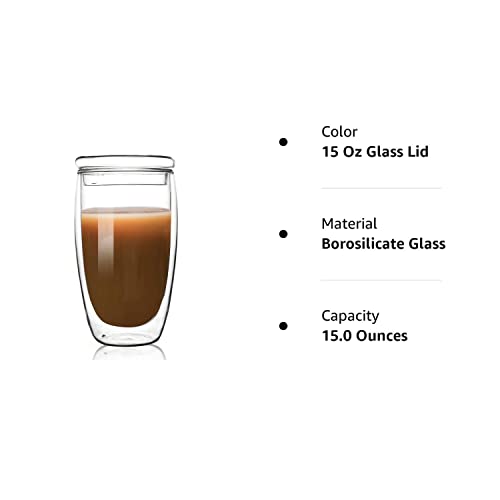 ZHMTang 1 Piece of Double-walled Borosilicate Glass Mug Tumbler for Coffee, Milk, Tea (15 Oz Glass lid)