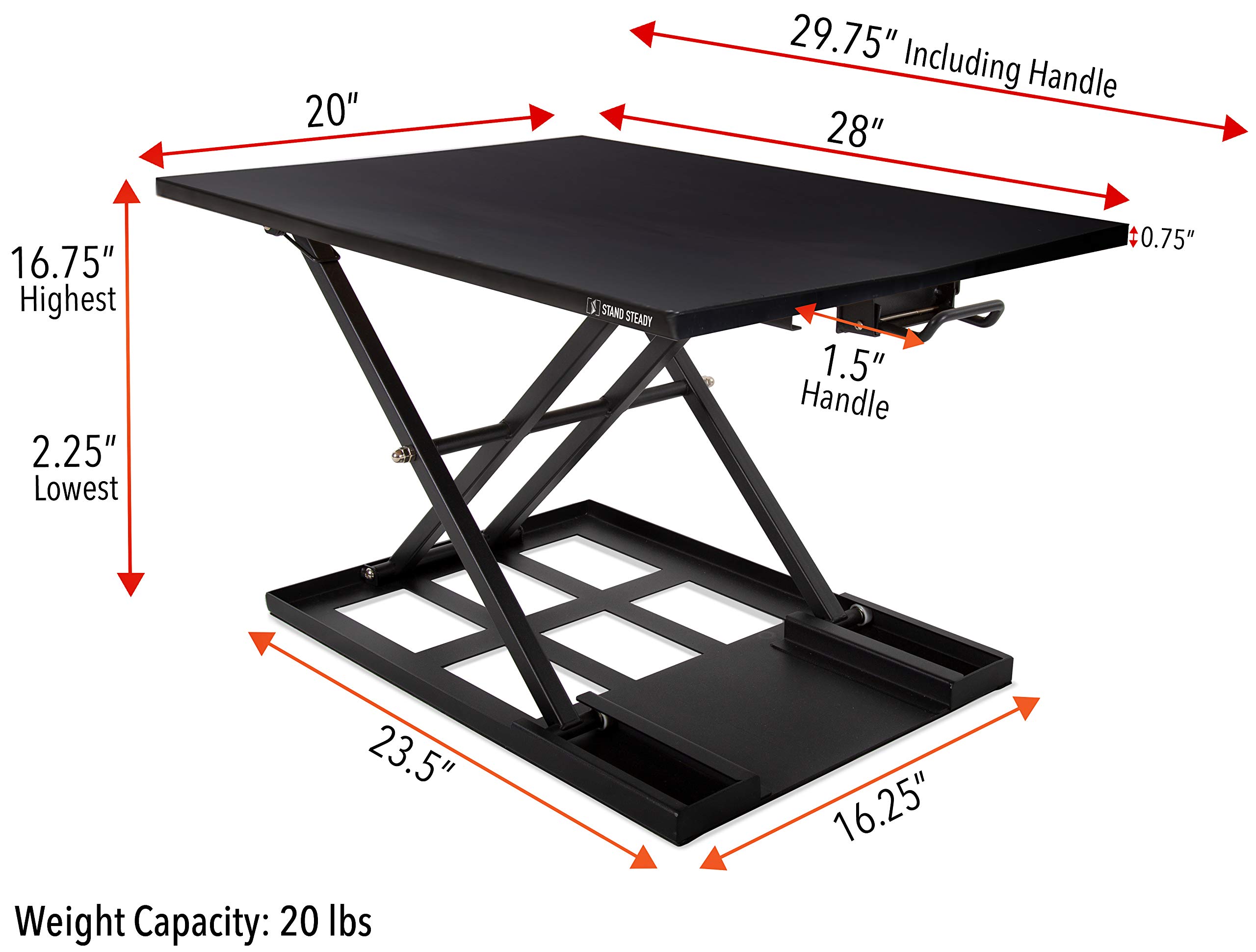 Stand Steady X-Elite Pro, Ergonomic Adjustable Height Standing Desk Converter for Home or Office, Easy Lift Sit to Stand Laptop Desk Riser for Laptop and Computer Monitor (Black, 28in x 20in)