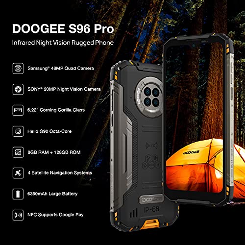 DOOGEE Rugged Phone Unlocked S96 Pro 8GB+128GB Infrared Night Vision Helio G90 Octa Core Waterproof Android Phone, 48MP+20MP, 6.22" + Global 4G LTE GSM AT&T T-Mobile Dual SIM Phone 6350mAh(Orange)