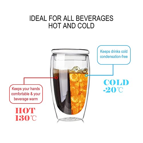 ZHMTang 1 Piece of Double-walled Borosilicate Glass Mug Tumbler for Coffee, Milk, Tea (15 Oz Glass lid)