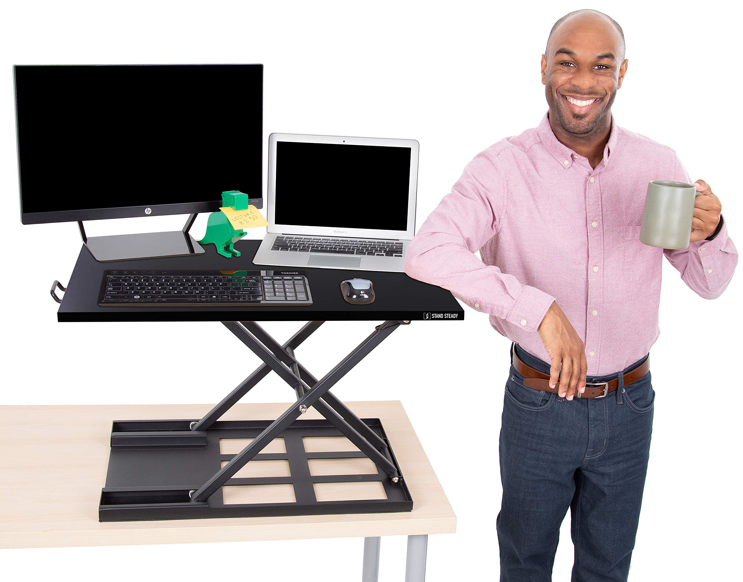 Stand Steady X-Elite Pro, Ergonomic Adjustable Height Standing Desk Converter for Home or Office, Easy Lift Sit to Stand Laptop Desk Riser for Laptop and Computer Monitor (Black, 28in x 20in)