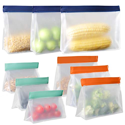 Meetall 9 Pack Reusable Food Storage Bags, 3 Sizes Mixed.3 Gallon Size Bags for Meats,Fish and Vegetables&3 Sandwich Bags&3 Snack Bags for Kids' Food.Reusable,Freezer Safe,Stand Up and Leakproof.