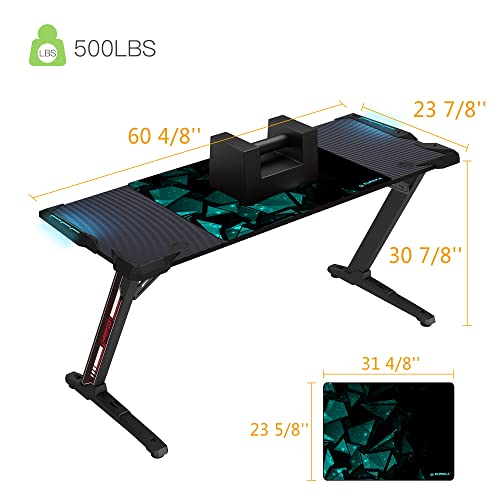 DESIGNA 60" Gaming Desk with RGB LED Lights, Large Z-Shaped Gaming PC Desk with Carbon Fiber Desktop Home Office Computer Game Desk Table for Gamer W Mouse Pad, Cup Holder, Headphone Hook, Black