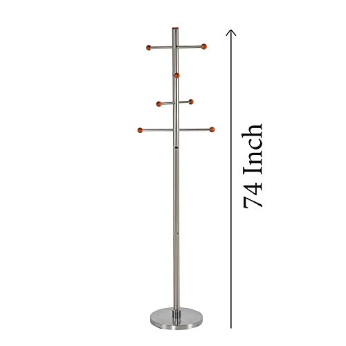 M&T Displays Free Standing 74 Inch Height Coat, Clothes, Hat Hanger Stand with Marble Base, Heavy Duty, Portable, Clothing Organizer Rack, Indoor Bedroom, Entryway, Hall Silver (Maze Cherry)