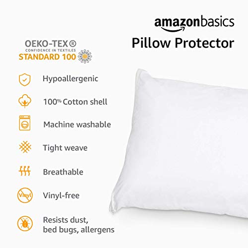 Amazon Basics Standard Pillowcase with Zipper, 100% Cotton Hypoallergenic, Pillow Protector, White (27 x 21 Inches), Pillows Not Included