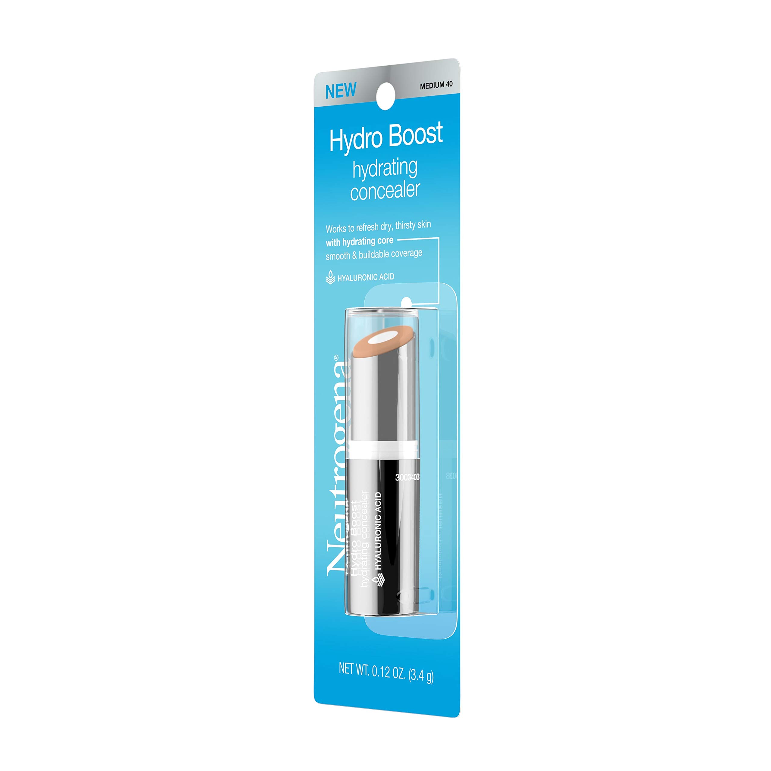 Neutrogena Hydro Boost Hydrating Concealer Stick for Dry Skin, Oil-Free, Lightweight, Non-Greasy and Non-Comedogenic Cover-Up Makeup with Hyaluronic Acid, 40 Medium, 0.12 Oz