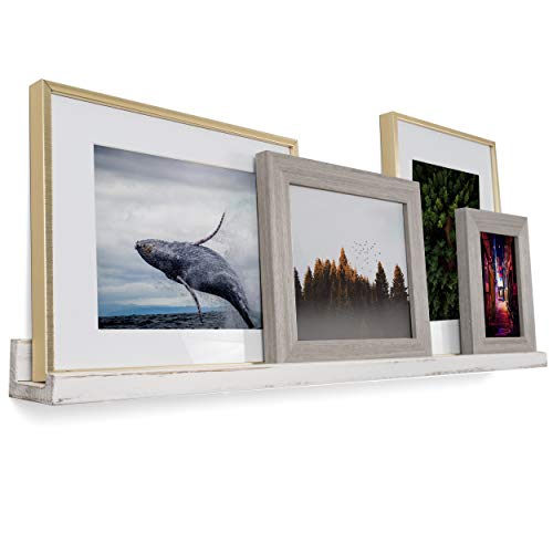 Rustic State Ted Narrow Wall Mount Wood Picture Ledge Photo Frame Display Floating Shelf for Living Room, Kitchen, Bedroom, Bathroom, Office Décor Storage - 36 Inch - Washed White