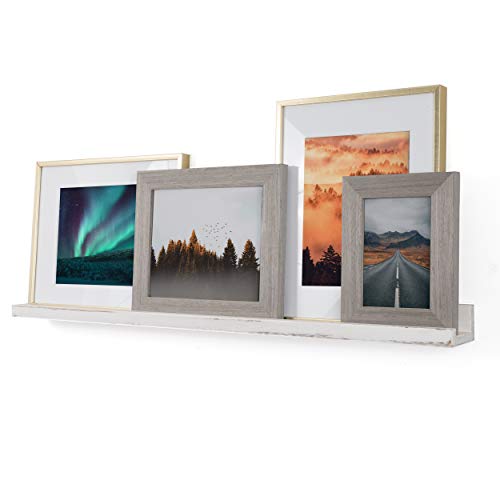 Rustic State Ted Narrow Wall Mount Wood Picture Ledge Photo Frame Display Floating Shelf for Living Room, Kitchen, Bedroom, Bathroom, Office Décor Storage - 36 Inch - Washed White