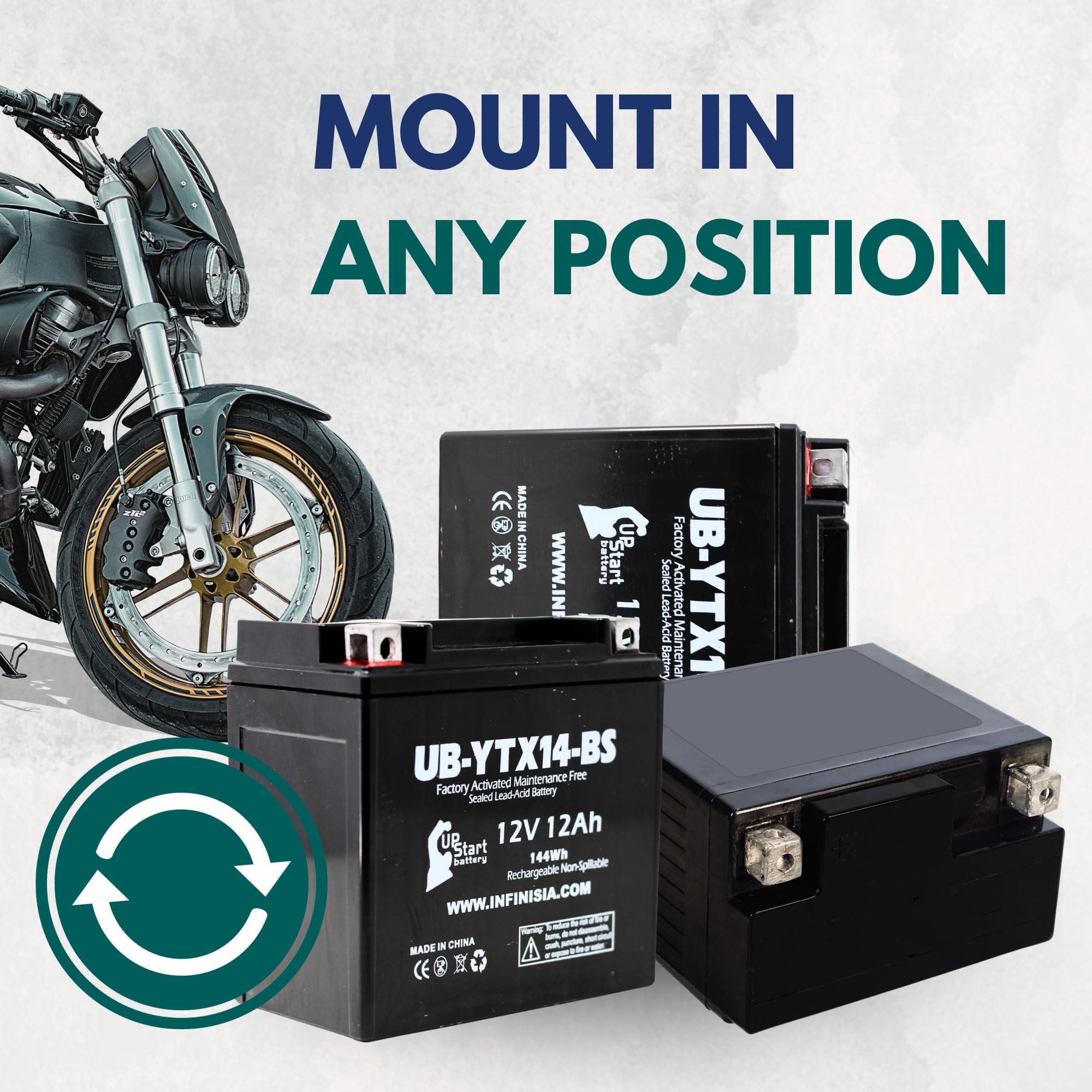 YTX14-BS Battery - Motorcycle Battery, ATV Battery 12V 12AH, UTV, 4 Wheeler, Snowmobile, Powersports Batteries - Compatible with Honda Rancher 350, Buell Blast, Yamaha - Sealed Lead Acid 12 Volt AGM