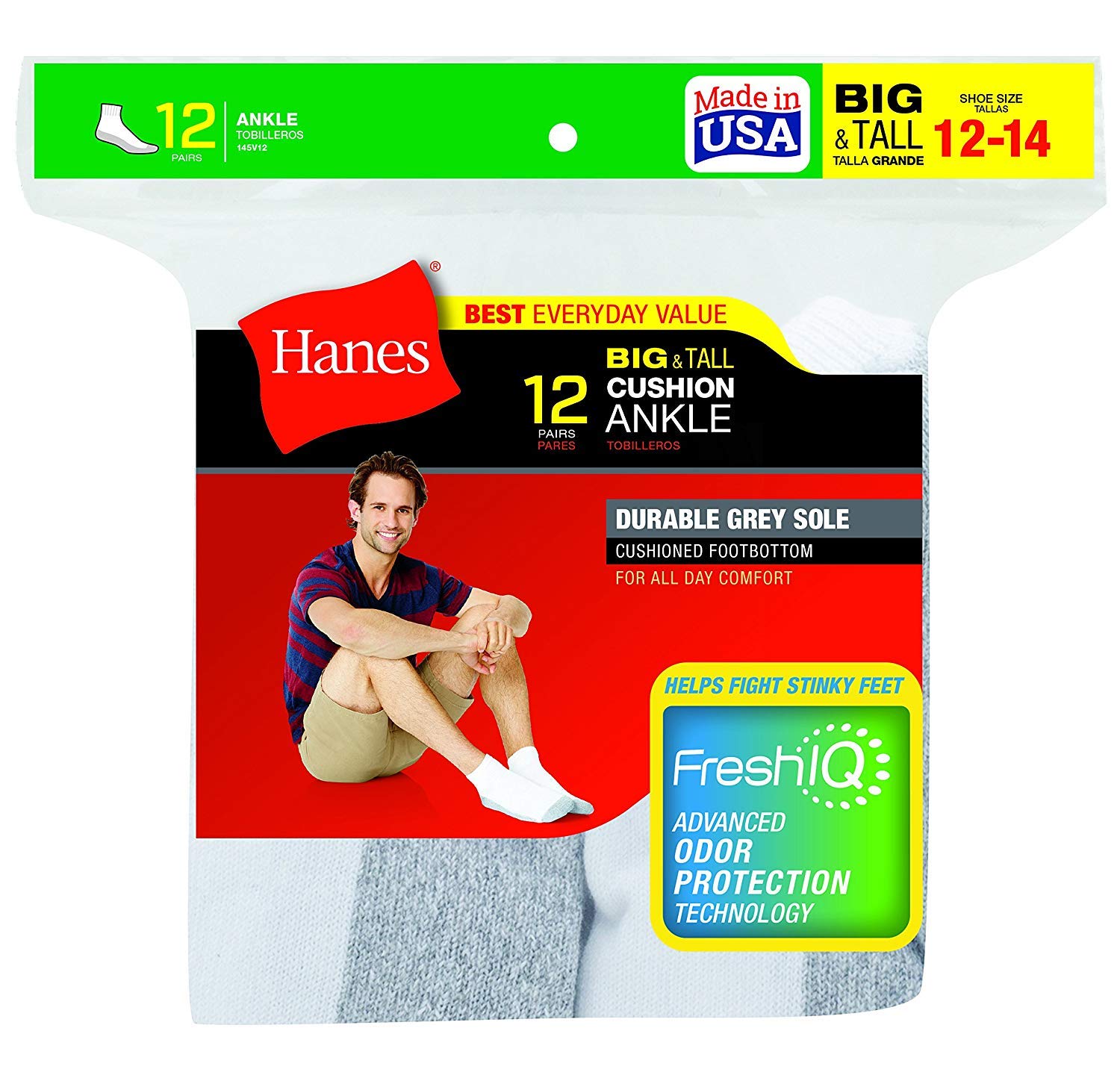 Hanes mens Double Tough Ankle Socks, 12-pair Pack fashion liner socks, White/ Grey Foot Bottom, 12 14 US