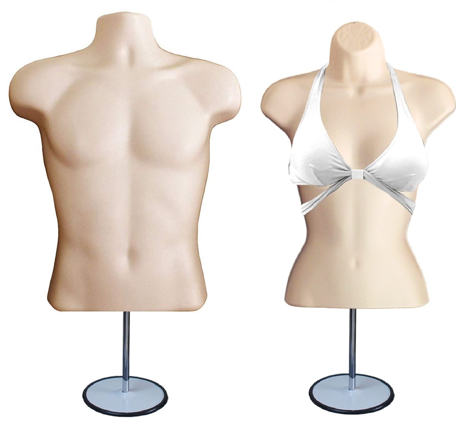DisplayTown Flesh Male and Female Mannequin Torso with Metal Stand Hollow Back Body Stackable Dress Form for Tshirt Display, Countertop, Craft Shows, Photos and Design, S-M Clothing Size