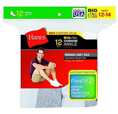Hanes mens Double Tough Ankle Socks, 12-pair Pack fashion liner socks, White/ Grey Foot Bottom, 12 14 US