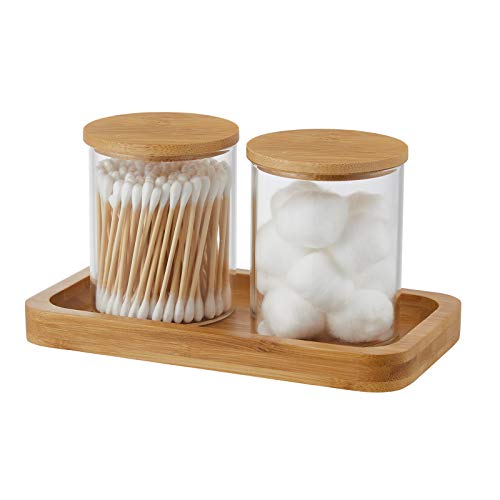 YININE Bamboo Vanity Tray, Bathroom Tray Organizer Glass Qtip Holder Dispenser Apothecary Jars for Cotton Swabs Balls Round Pad Perfume Candles Cosmetics Jewelry Makeup