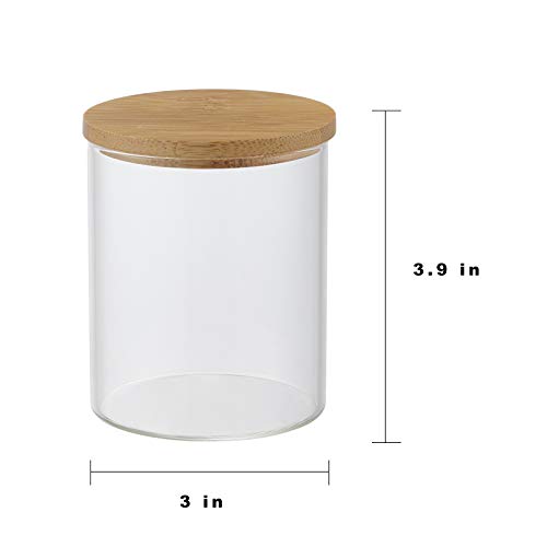 YININE Bamboo Vanity Tray, Bathroom Tray Organizer Glass Qtip Holder Dispenser Apothecary Jars for Cotton Swabs Balls Round Pad Perfume Candles Cosmetics Jewelry Makeup