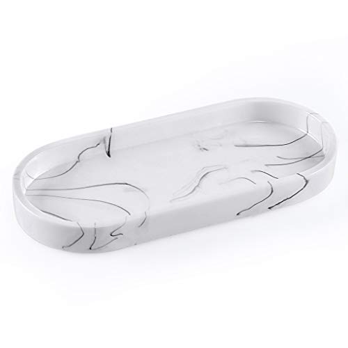 Sanbege Bathroom Vanity Tray Oval, Toilet Tank Top Tray Non Slip, Resin Storage Dish for Soaps, Candles, Cosmetics, Perfume, Jewelry Organizer (Marble White)