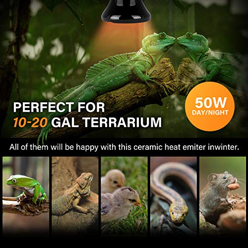 Simple Deluxe 50W 1-Pack Mini Ceramic Heat Emitter Reptile Heat Lamp Bulb No Light Emitting Brooder Coop Heater for Amphibian Pet & Incubating Chicken, Black