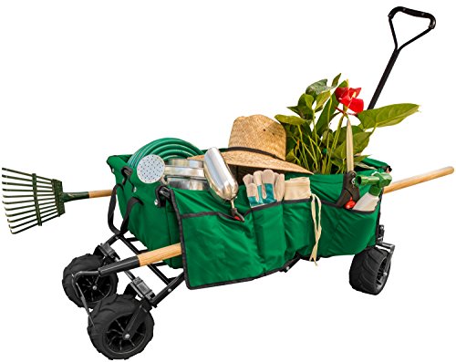 Creative Outdoor Wagon for Kids Push Pull Collapsible Stroller All-Terrain Folding Cart, Supports Upto 150lbs Weight Capacity | with Divider | Beach Park Garden & Tailgate | Green