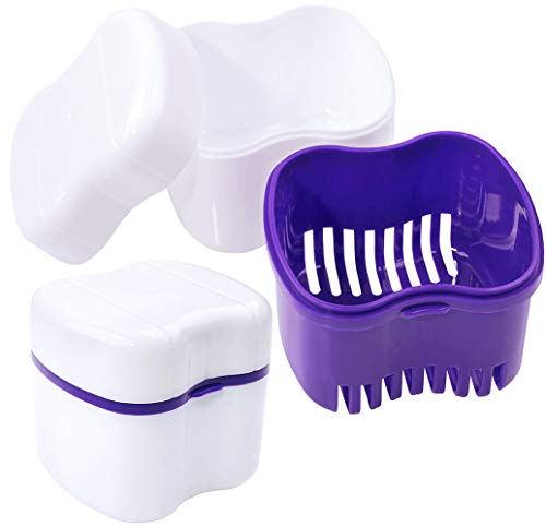 Denture Case,Denture Cups Bath, Toothbrush with hard denture, Dentures Container with Basket Denture Holder for Travel,Mouth Guard Night Gum Retainer Container (Purple)