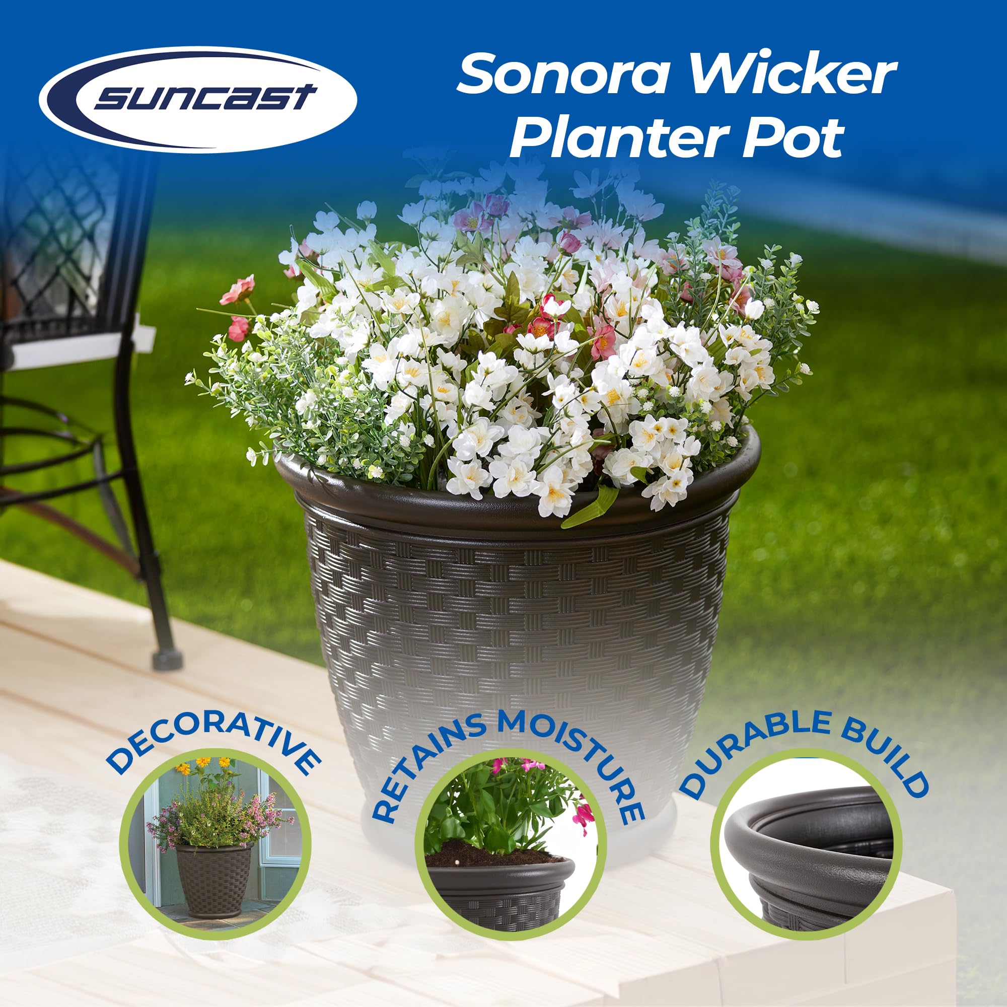 Suncast Sonora 18 Inch Lightweight Durable Plastic Wicker Decorative Flower Planter Pot for Yard, Garden, Indoor or Outdoor Use, Brown