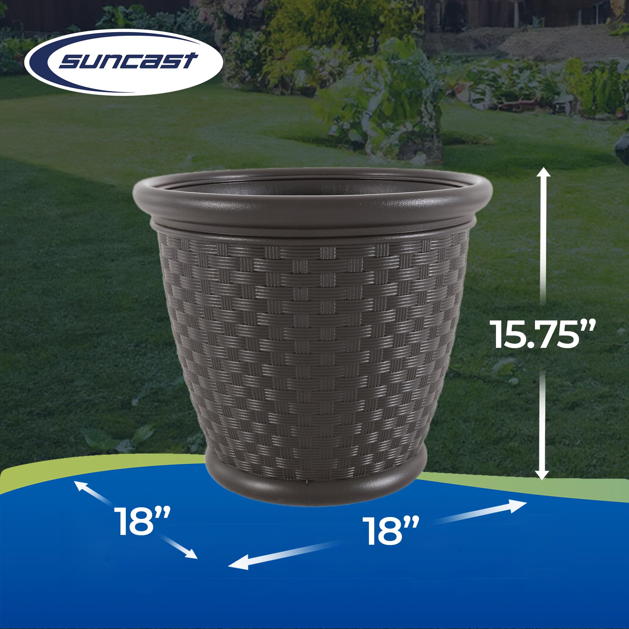 Suncast Sonora 18 Inch Lightweight Durable Plastic Wicker Decorative Flower Planter Pot for Yard, Garden, Indoor or Outdoor Use, Brown