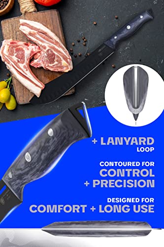 Dalstrong Bull Nose Butcher Knife - 10" - Delta Wolf Series Knife - Ultra-Thin & Zero Friction Blade - HC 9CR18MOV Steel - Black Titanium Nitride Coating - G10 Camo Handle - Leather Sheath