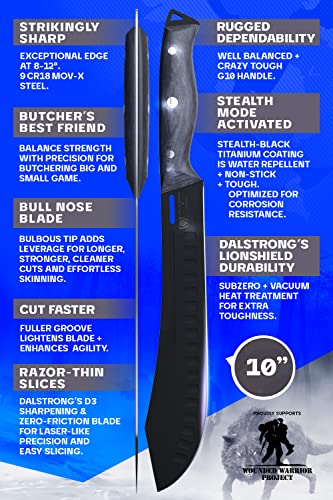 Dalstrong Bull Nose Butcher Knife - 10" - Delta Wolf Series Knife - Ultra-Thin & Zero Friction Blade - HC 9CR18MOV Steel - Black Titanium Nitride Coating - G10 Camo Handle - Leather Sheath