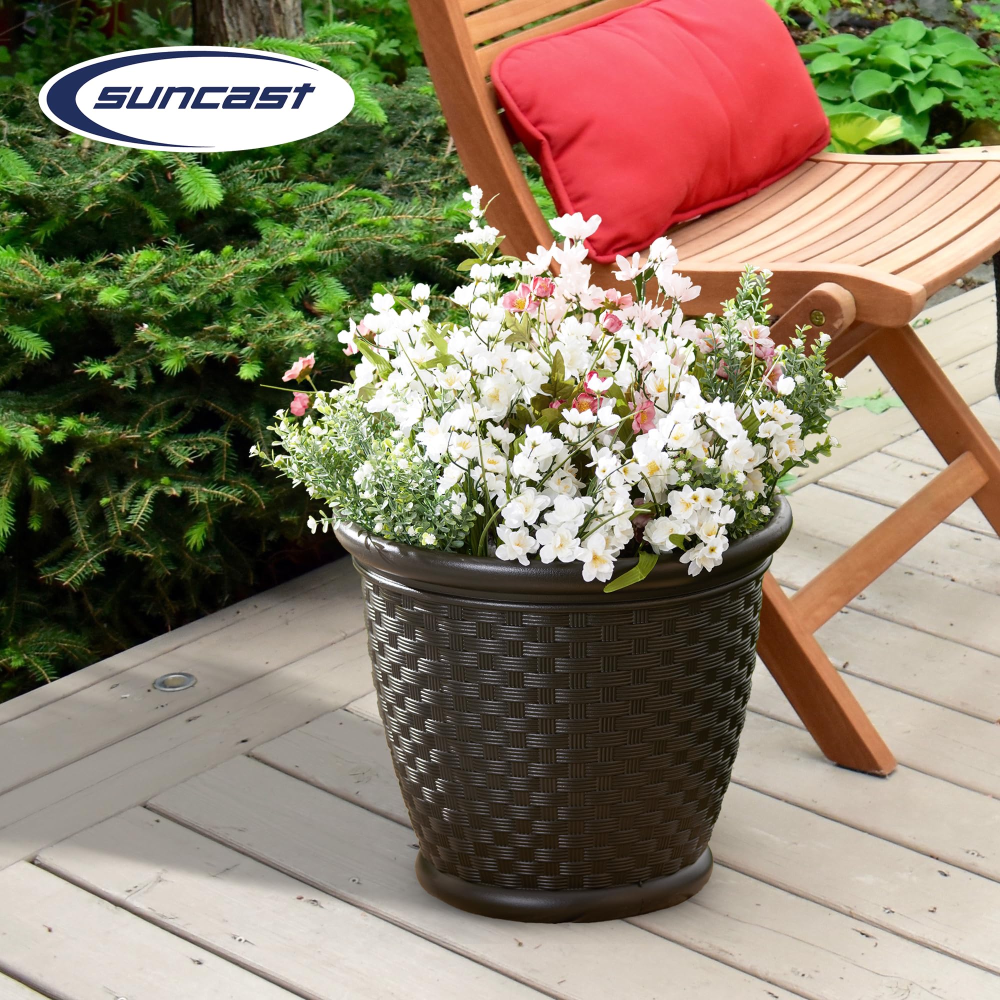 Suncast Sonora 18 Inch Lightweight Durable Plastic Wicker Decorative Flower Planter Pot for Yard, Garden, Indoor or Outdoor Use, Brown